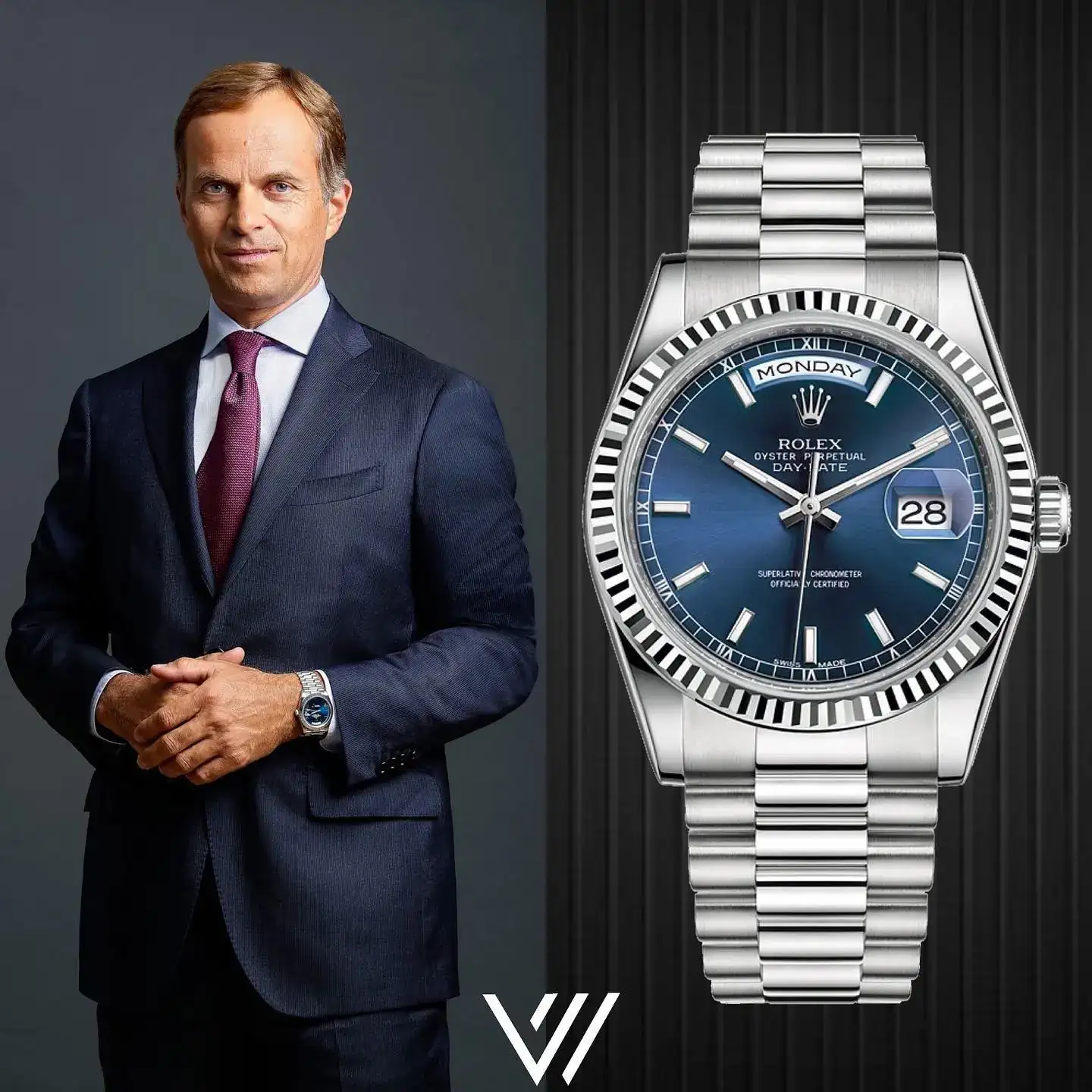 Jean-Frederic Dufour, CEO de Rolex y un Rolex Day-Date de Oro blanco ...